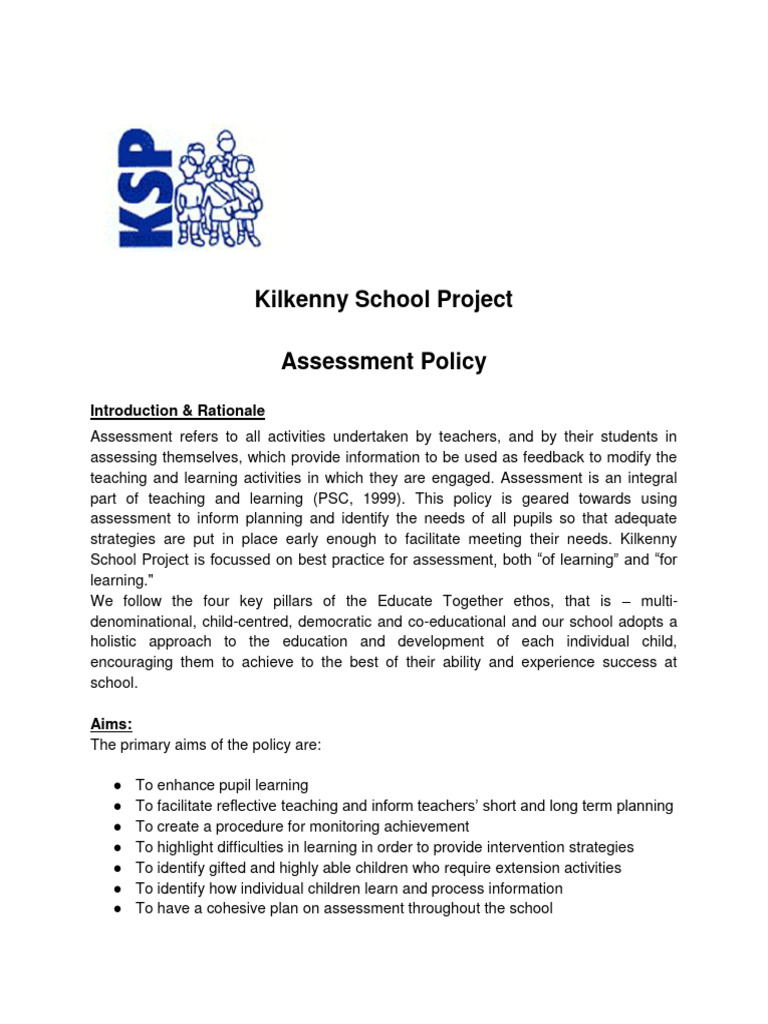 Kilkenny School Project Assessment Policy 2022 | PDF
