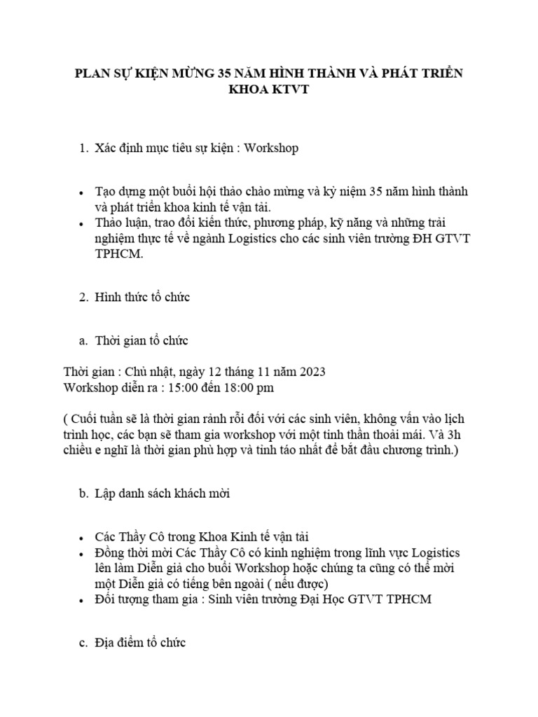 PLAN SỰ KIỆN MỪNG 35 NĂM HÌNH THÀNH VÀ PHÁT TRIỂN KHOA KTVT | PDF