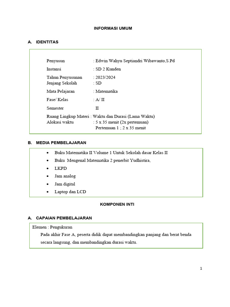 Modul Ajar Matematika Kelas II: Waktu | PDF