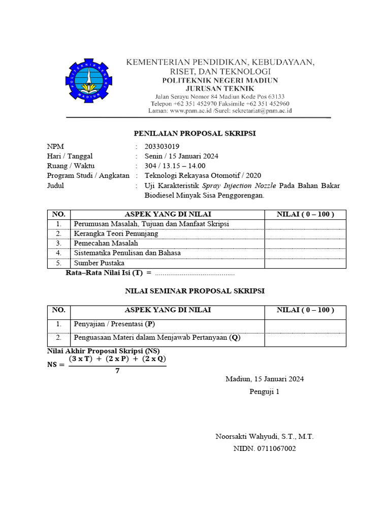 Lampiran 13. Lembar Penilaian Penguji Seminar Proposal Skripsi | PDF