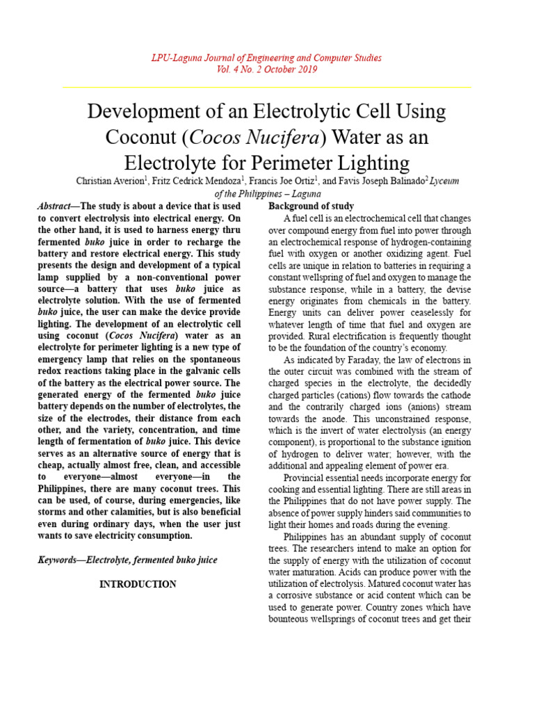 Development of An Electrolytic Cell Using Coconut Cocos Nucifera Water As An Electrolyte For ...