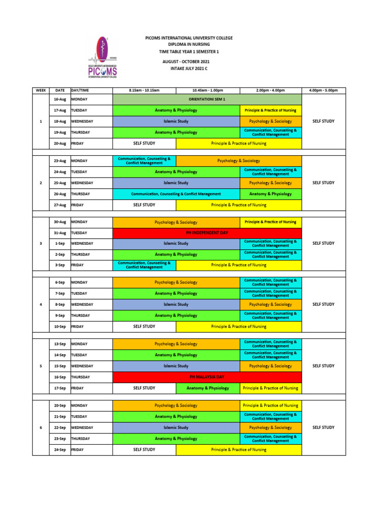 Timetable July 21 Sem 1 | PDF | Health Care