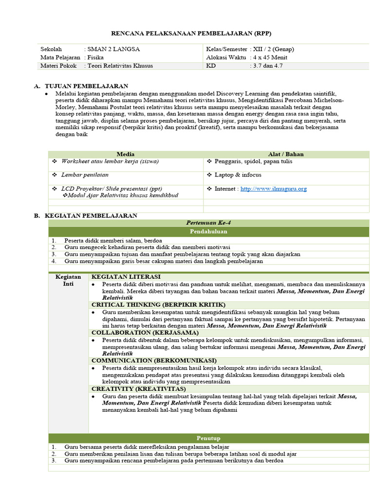 7.4 RPP II Fisika Kelas 12-Relativitas Khusus V | PDF | Karier & Perkembangan | Kesehatan Holistik