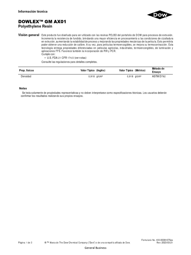 400 00391075es Dowlex GM Ax01 Polyethylene Resin | Descargar gratis PDF ...