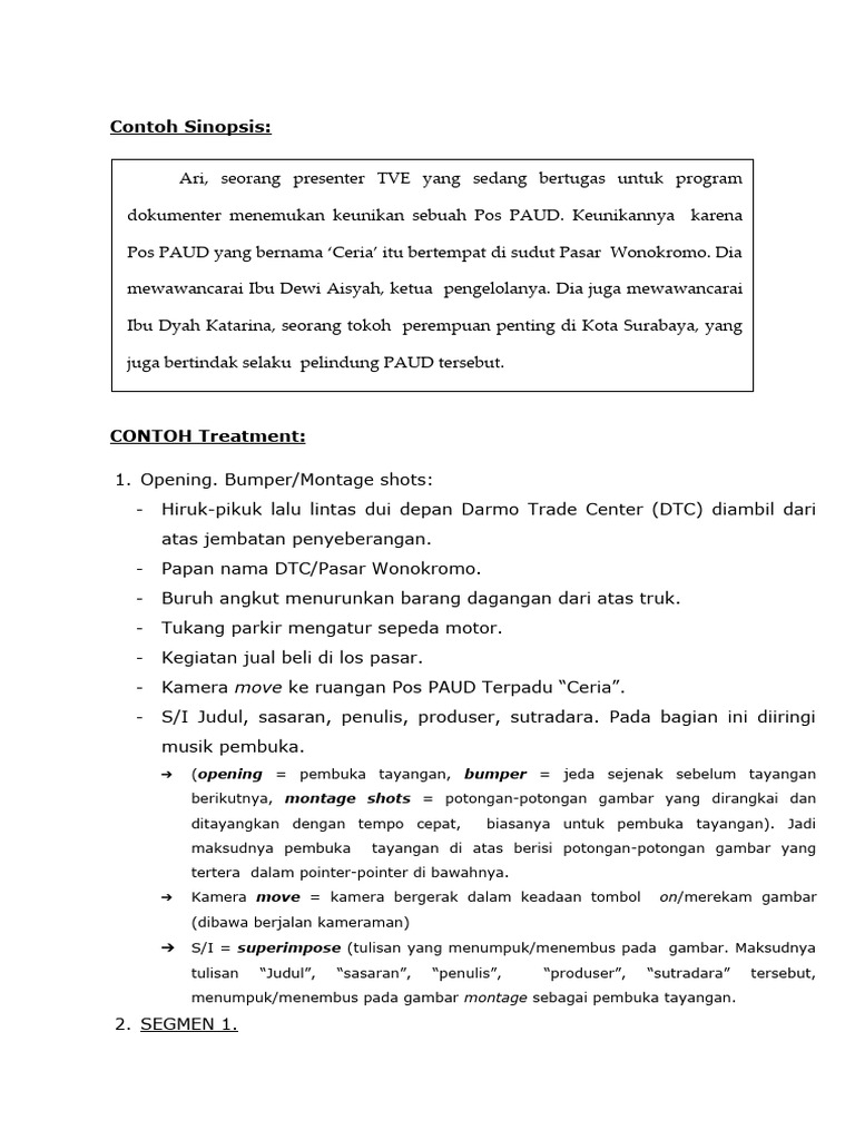CONTOH Sinopsis, Treatment dan Skenario PAUD DI TENGAH PASAR | PDF