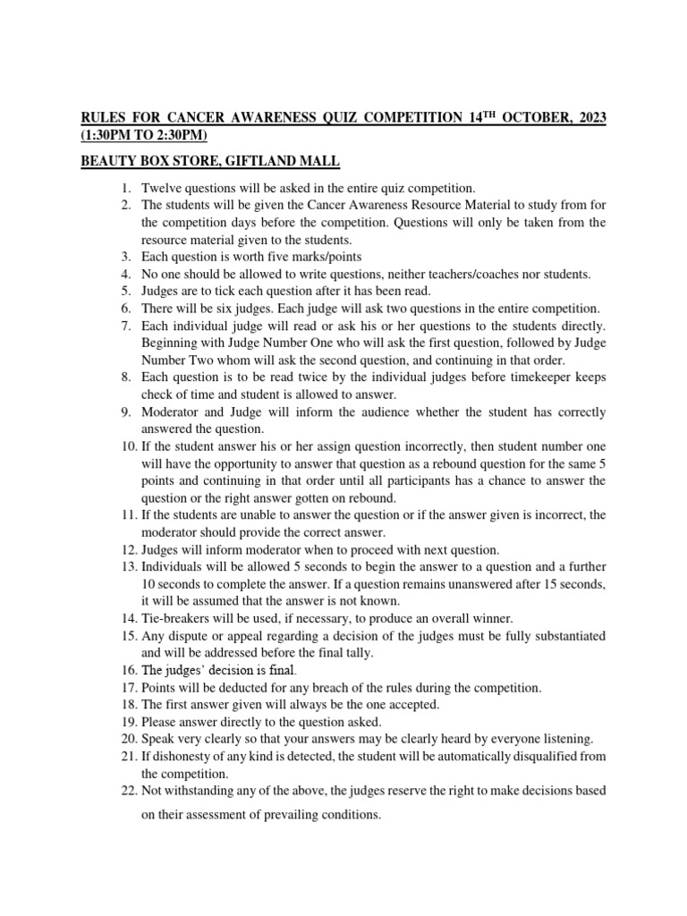 Rules For Cancer Awareness Quiz Competition 14th October | PDF | Career ...