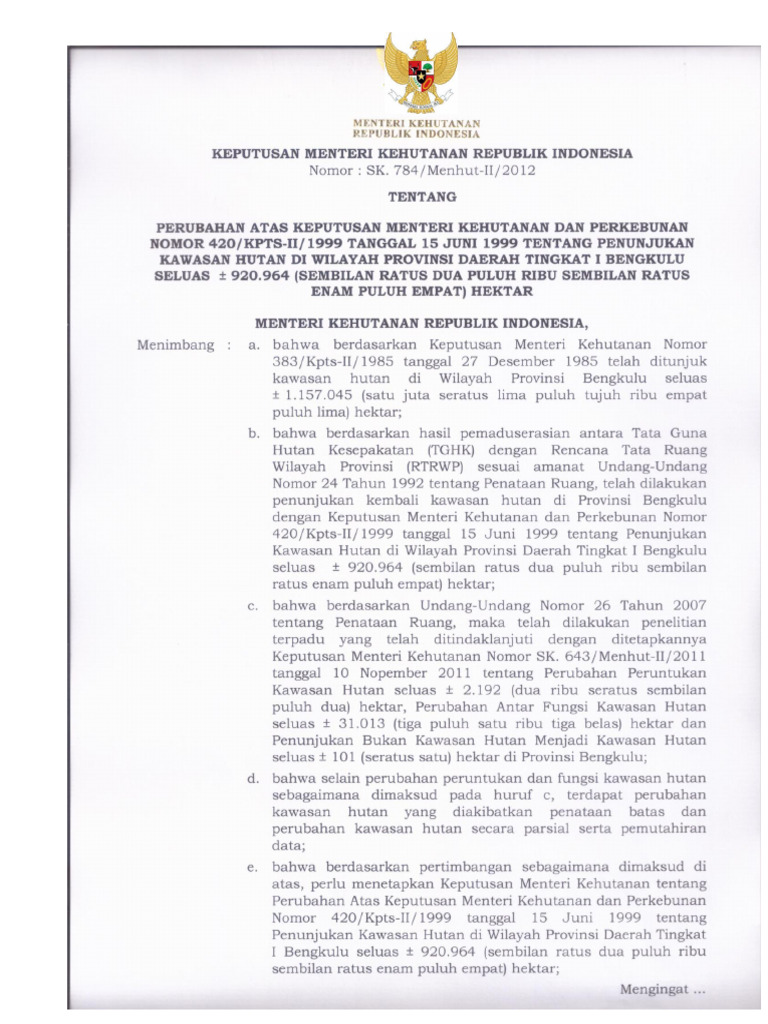 Keputusan - SK Menhut. 784 - 2012 | PDF