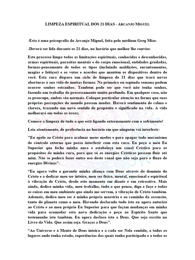 Limpeza Espiritual com Arcanjo Miguel | PDF | Deus | Miguel (Arcanjo)