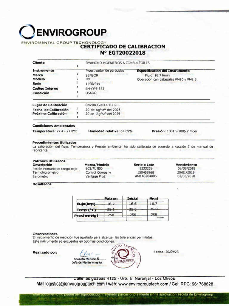 Certificacion de Calibracion PM10 | PDF | Calibración | Teoría de la medida