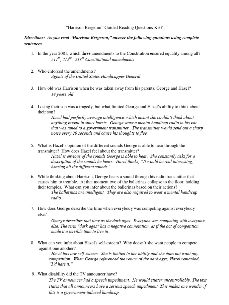 Harrison Bergeron Guided Reading Questions Key | PDF
