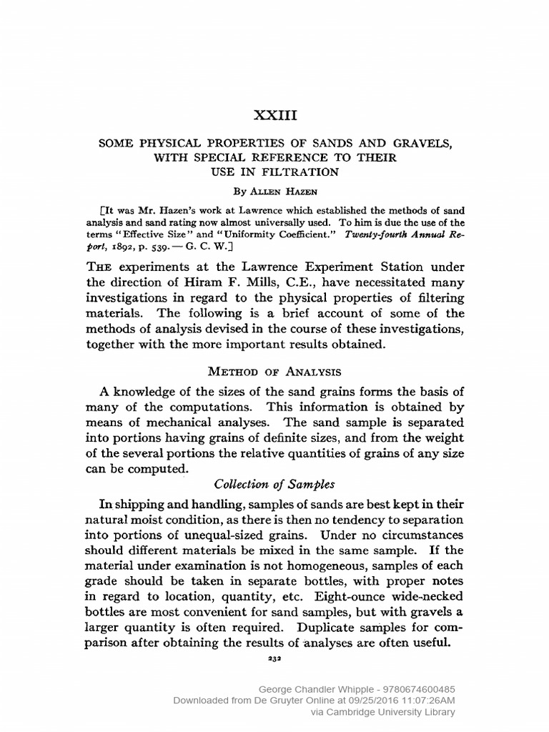 A. Hazen, Some Physical Properties of Sands and Gravels, With Special Reference To Their Use in ...