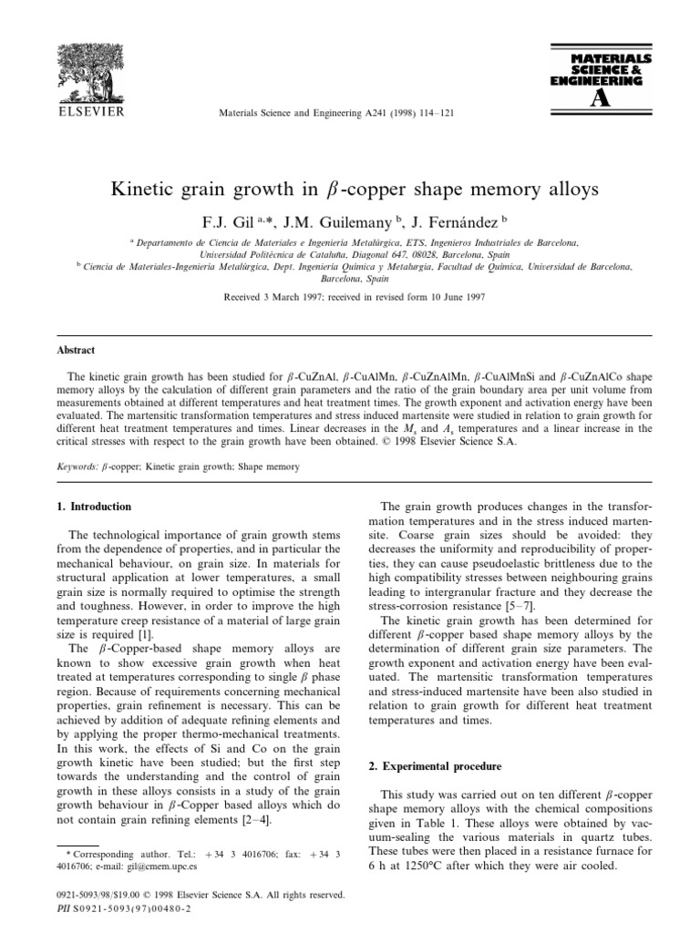 Kinetic Grain Growth in B-Copper Shape Memory Alloys | PDF | Heat ...