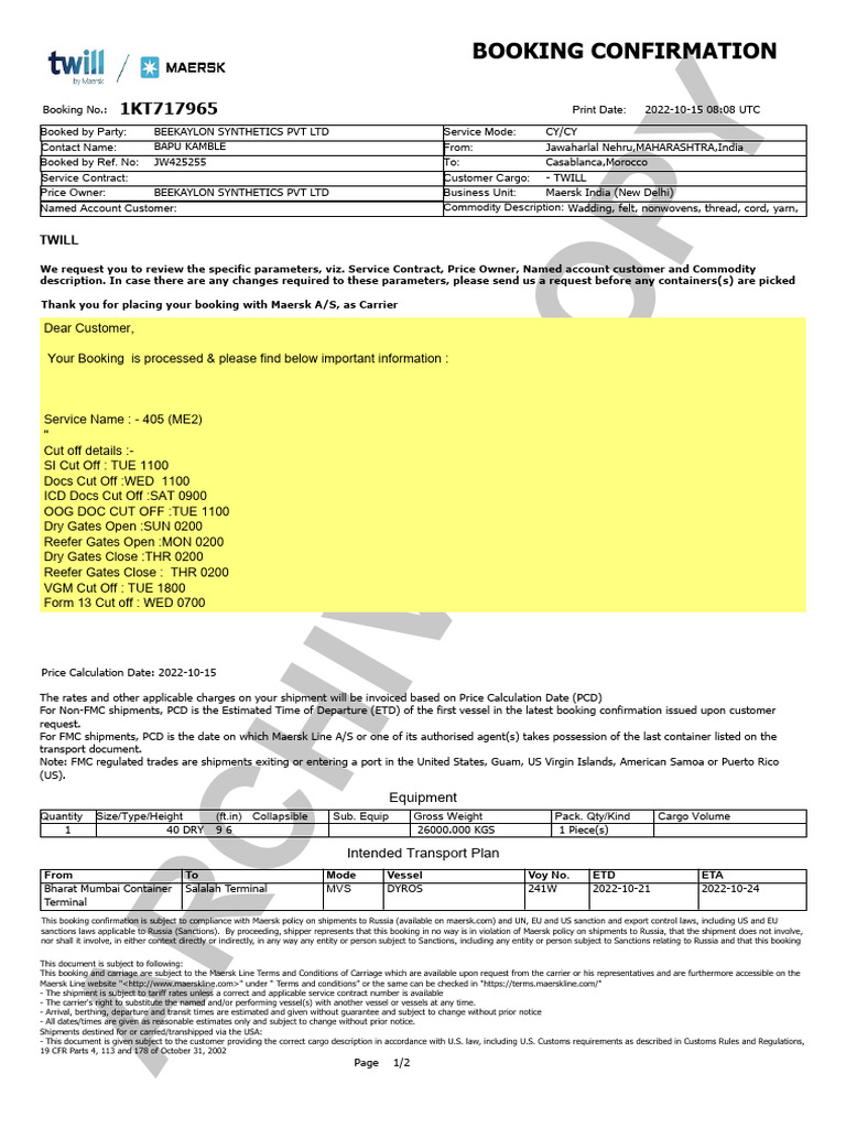 Confirmation 1KT717965 01 | PDF | Cargo | Freight Transport