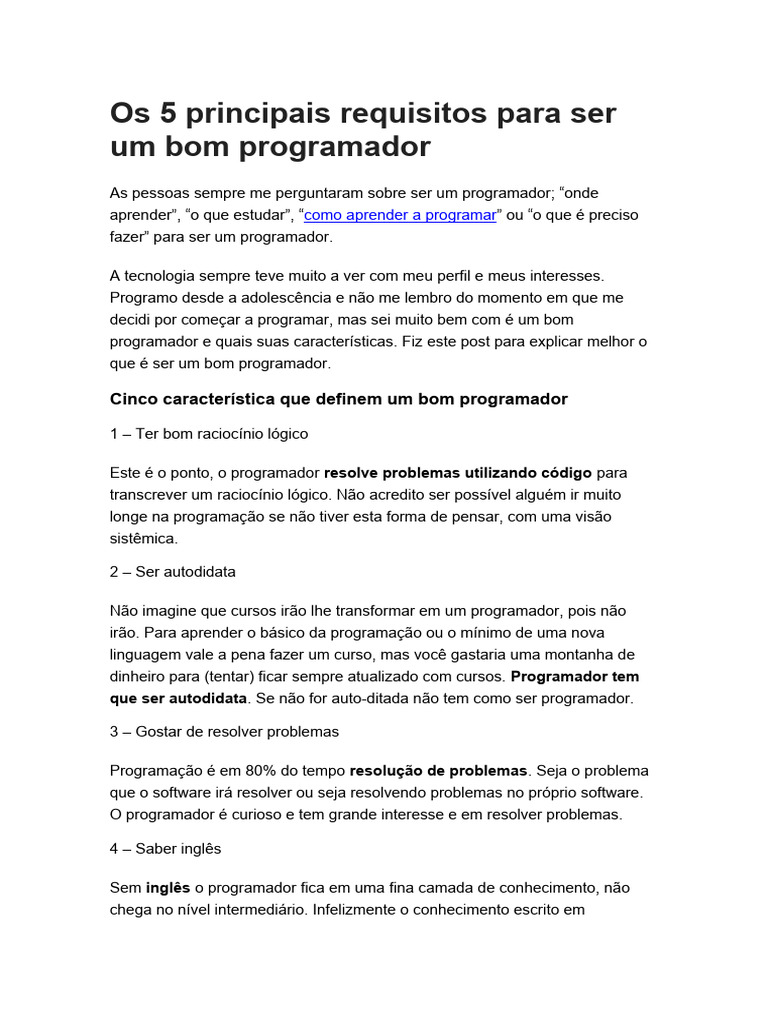 Requisitos para ser um bom programador | PDF | Conhecimento | Aprendizado