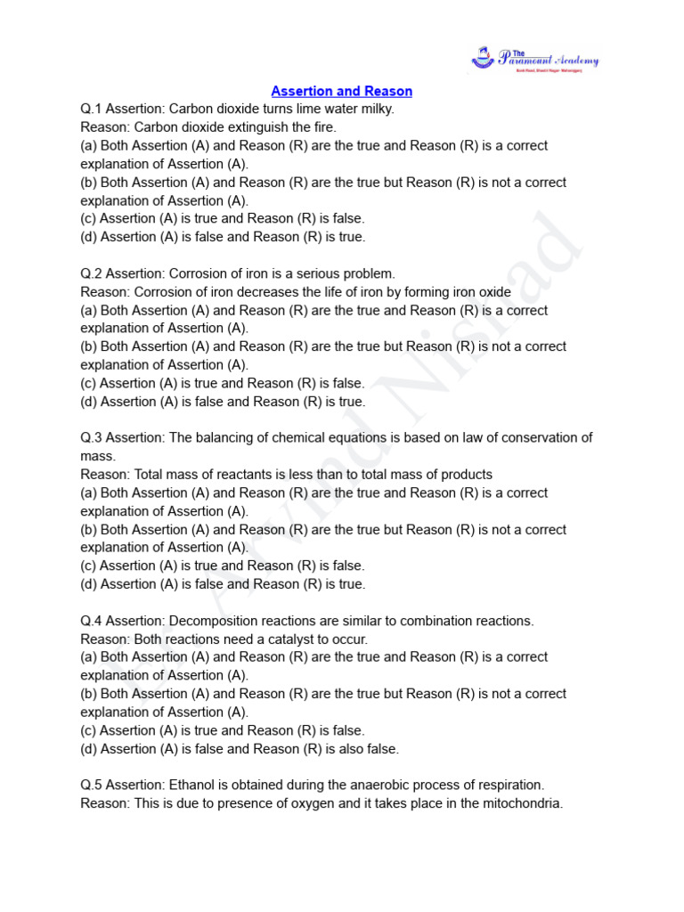 Assertion and Reason Chemistry | PDF | Oxide | Chemical Elements