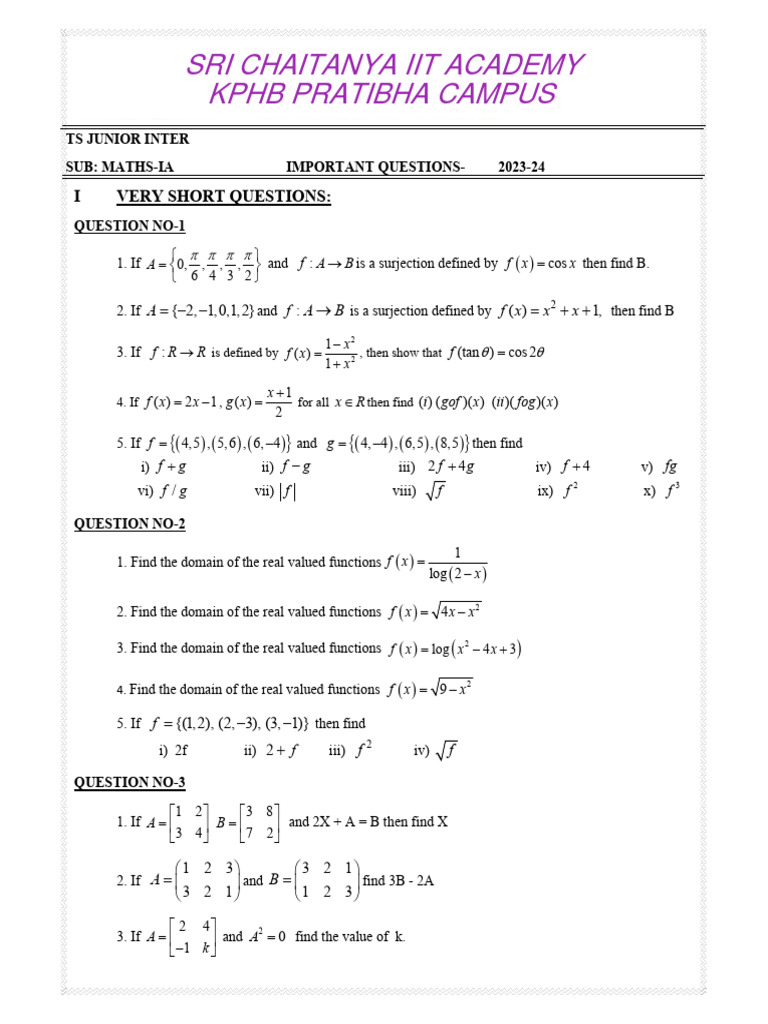 TS - JR - Maths Ia - Imp Questions | PDF