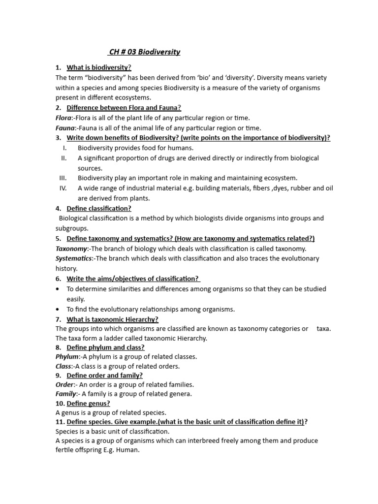 Biology Notes | PDF | Taxonomy (Biology) | Biodiversity