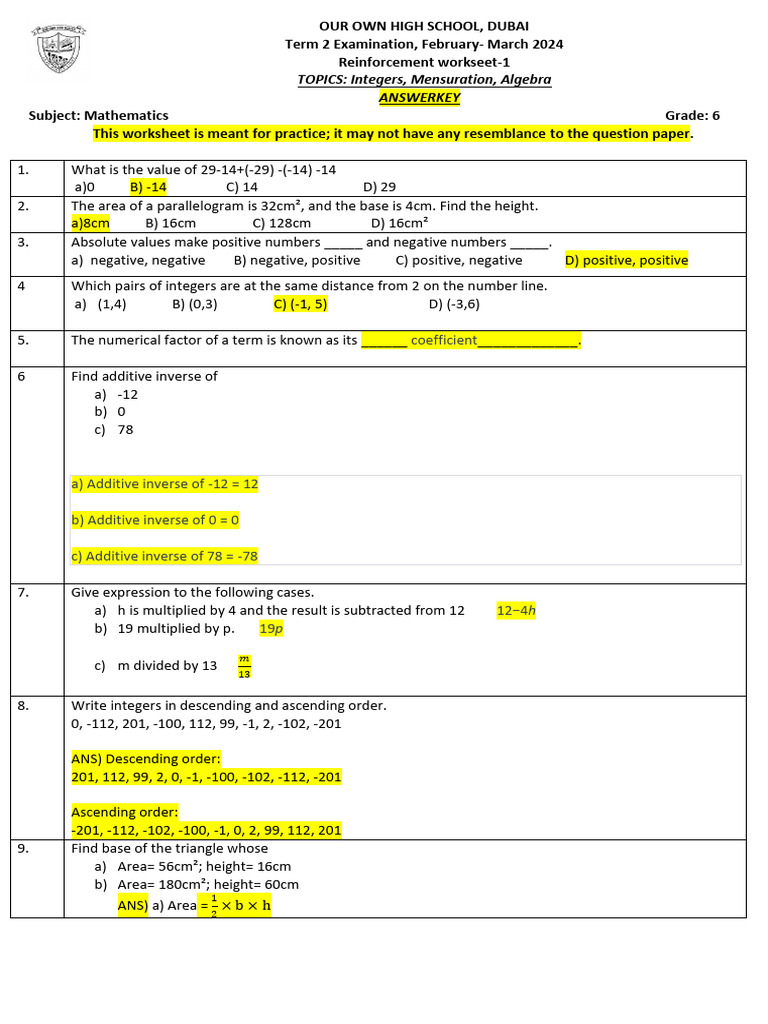 Gr6 - Math Reinforcement Worksheet-1 - ANSKEY 2 | PDF | Area | Equations Gr6 - Math Reinforcement Worksheet-1 - ANSKEY 2 | PDF | Area | Equations