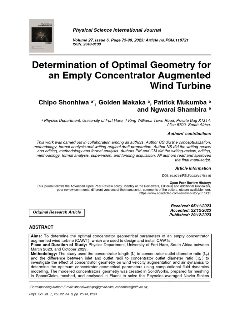 Determination of Optimal Geometry For An Empty Concentrator Augmented Wind Turbine | PDF | Wind ...