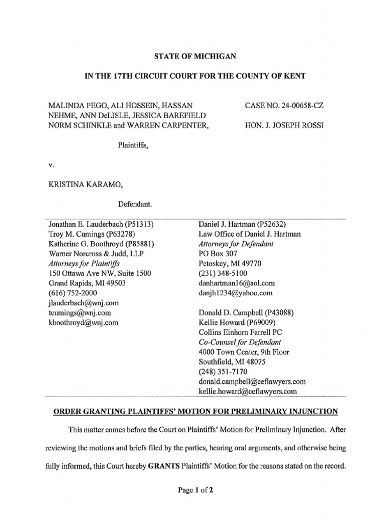 Pego, Et. Al. v. Karamo, No. 24-0658-CZ, (Mich. 17th Cir., Feb. 27, 2024) (Order Granting ...