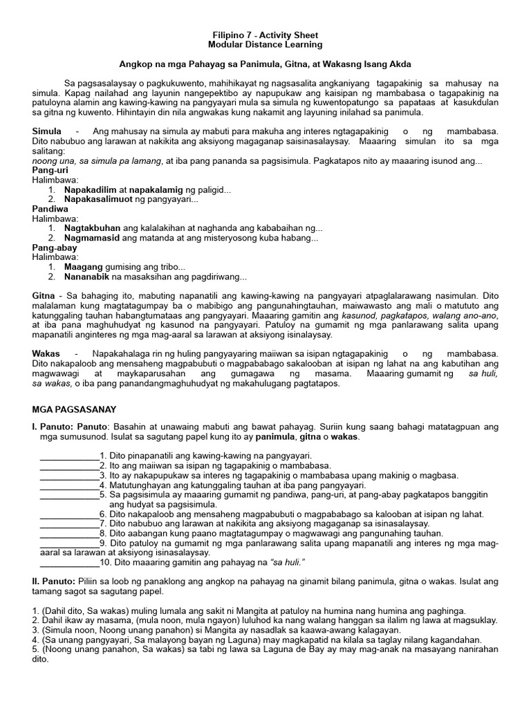 MDL Activity Sheet Angkop Na Mga Pahayag Sa Panimula Gitna Wakas | PDF