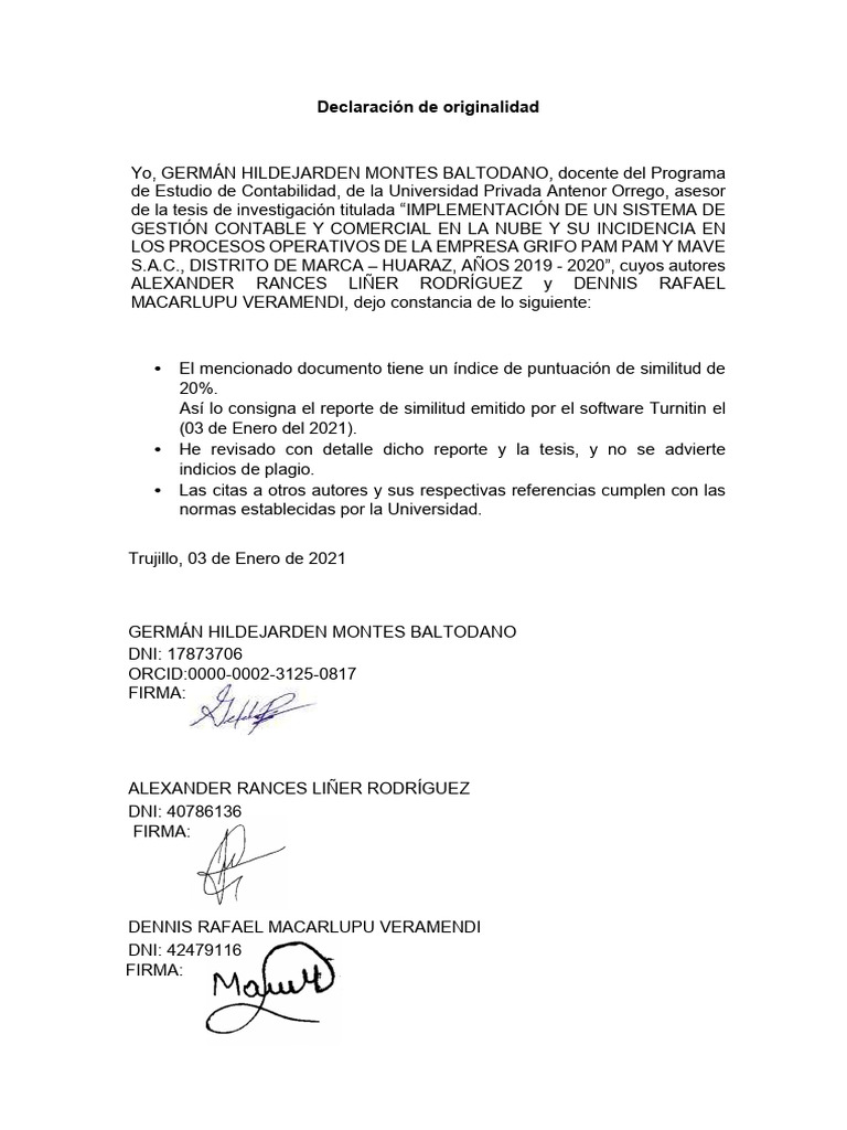 Declaracion de Originalidad | PDF