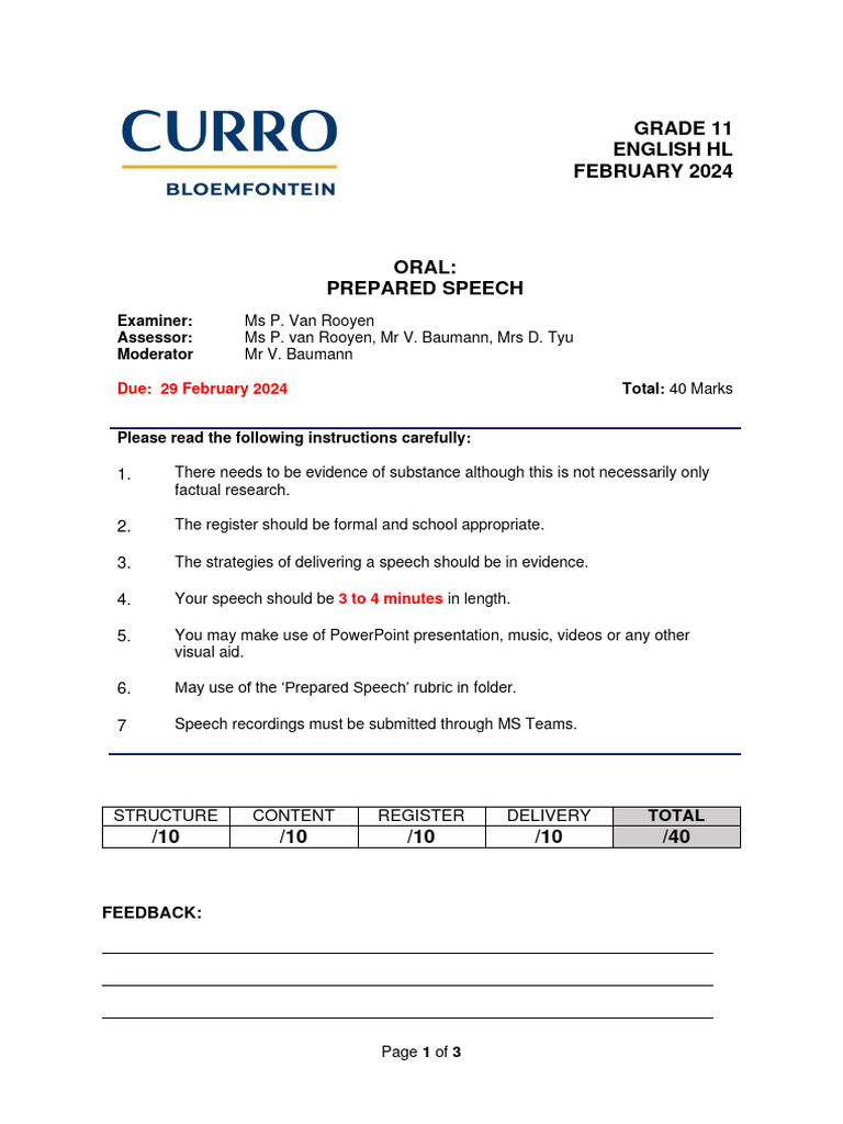Grade 11 - Prepared Speech (Moderated) | PDF | Human Communication