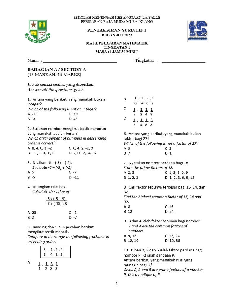 Pentaksiran Sumatif Math F1 2023 | PDF