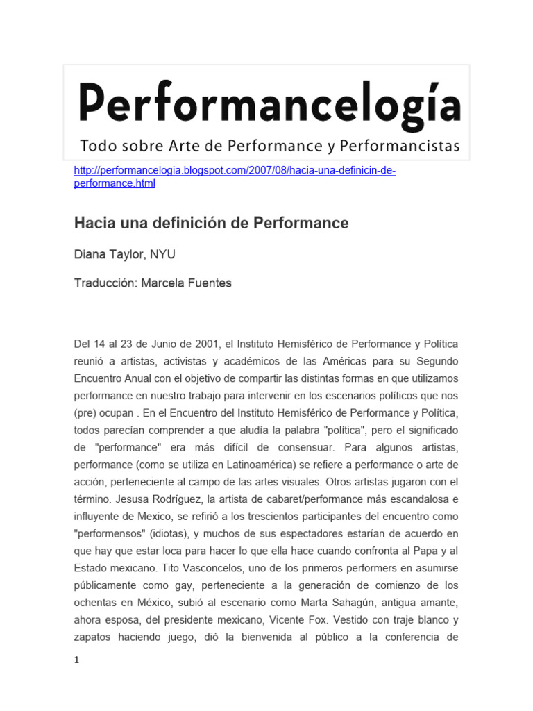 Taylor, Diana, Definición de Performance | PDF | Arte de performance ... Taylor, Diana, Definición de Performance | PDF | Arte de performance ...