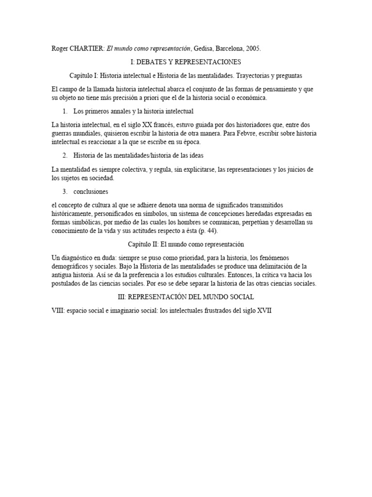 CHARTIER, R. El Mundo Como Representación (Resumen) | PDF