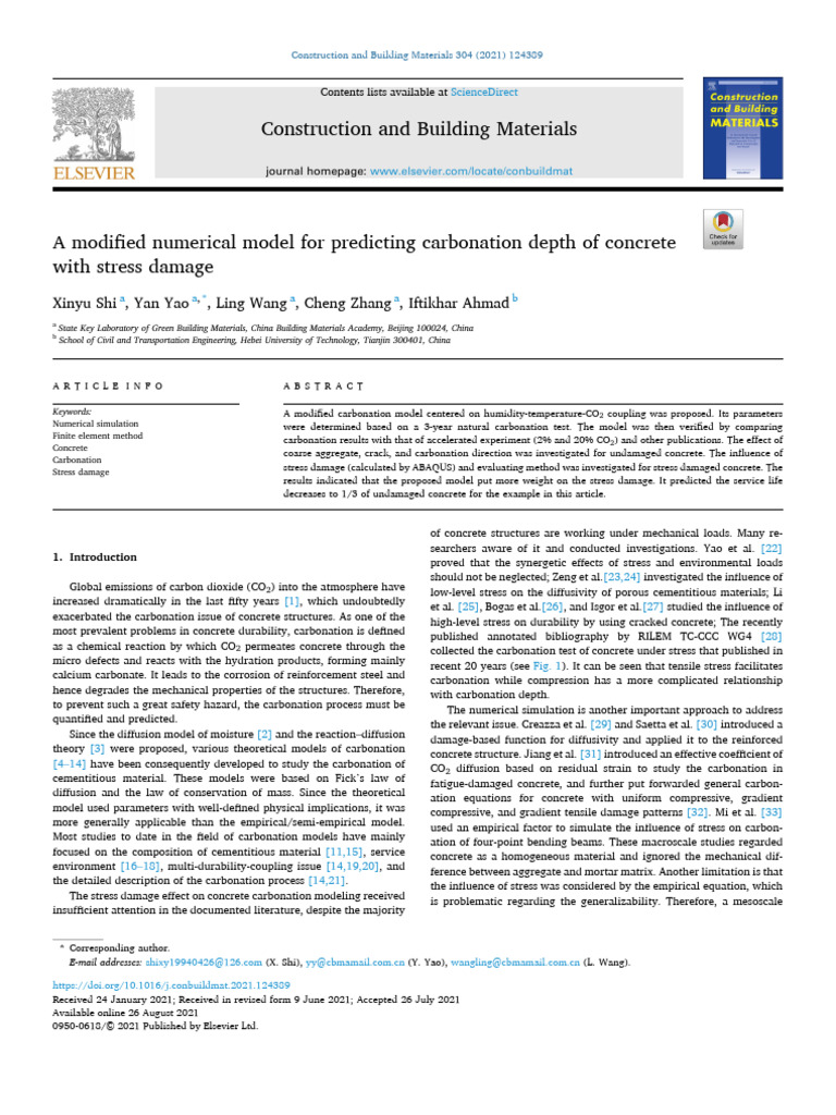 A Modified Numerical Model For Predicting Carbonation Depth of Concrete With Stress Damage | PDF ...