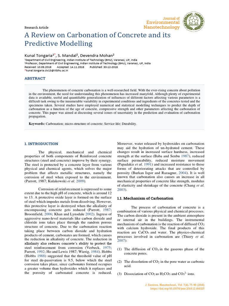 A Review On Carbonation of Concrete and Its Predictive Modelling | PDF ...