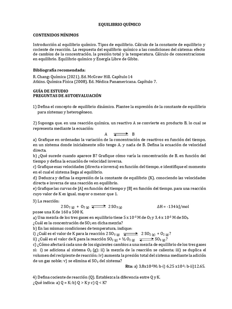 Equilibrio Químico - Ejercicios 2022 Version Final | PDF