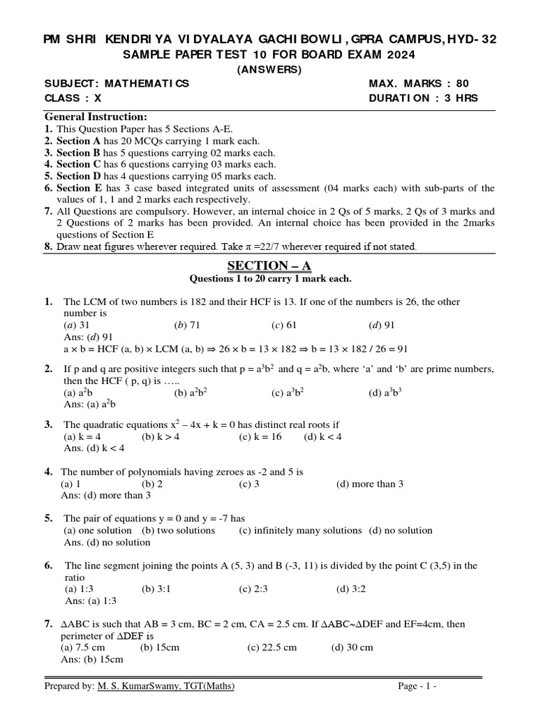 Maths Class X Sample Paper Test 10 For Board Exam 2024 Answers | PDF ...