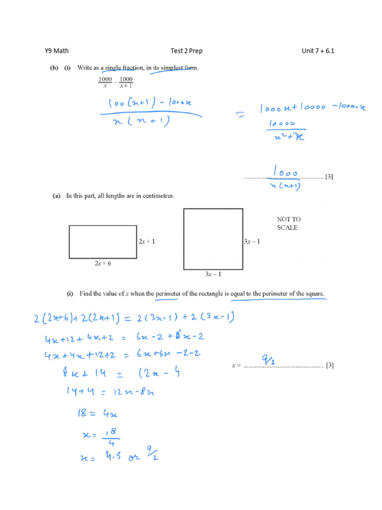 Y9 Math Test 2 Prep: Solve for x | PDF