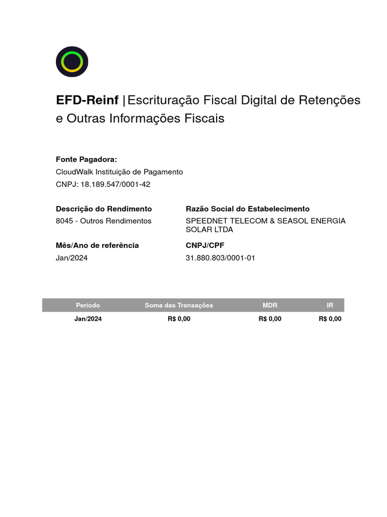 Relatorio Reinf 1-2024 | PDF | Negócios | Tecnologia e Engenharia