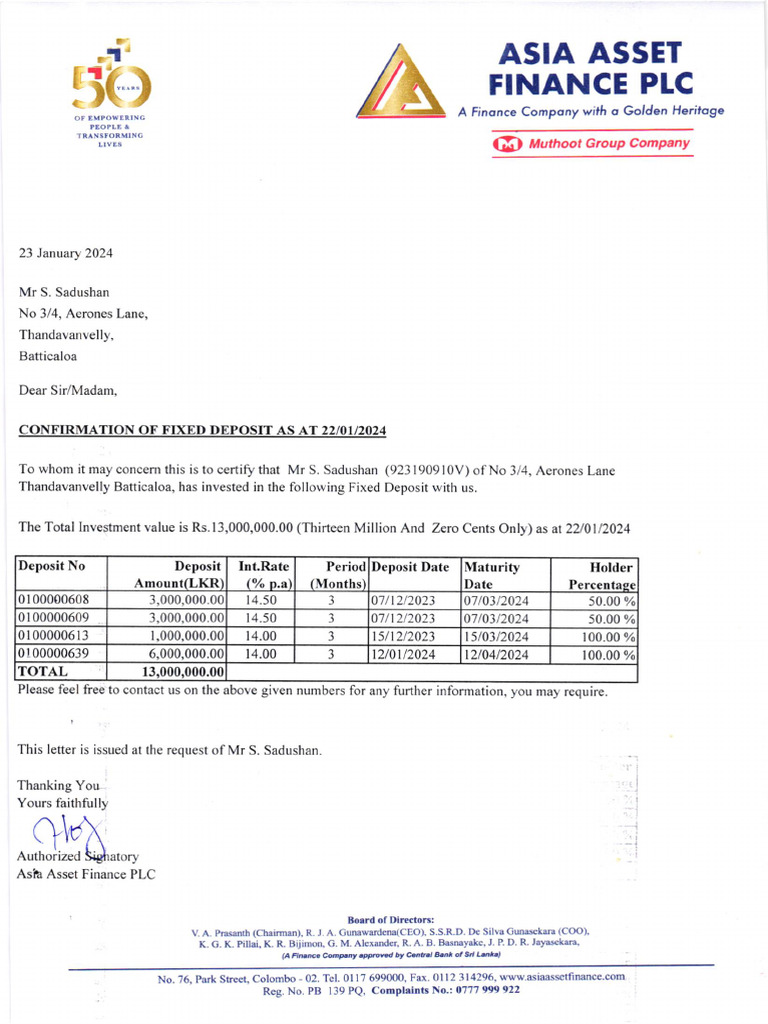 Balance Confirmation Letter FD S Sadushan | PDF | Private Sector ...