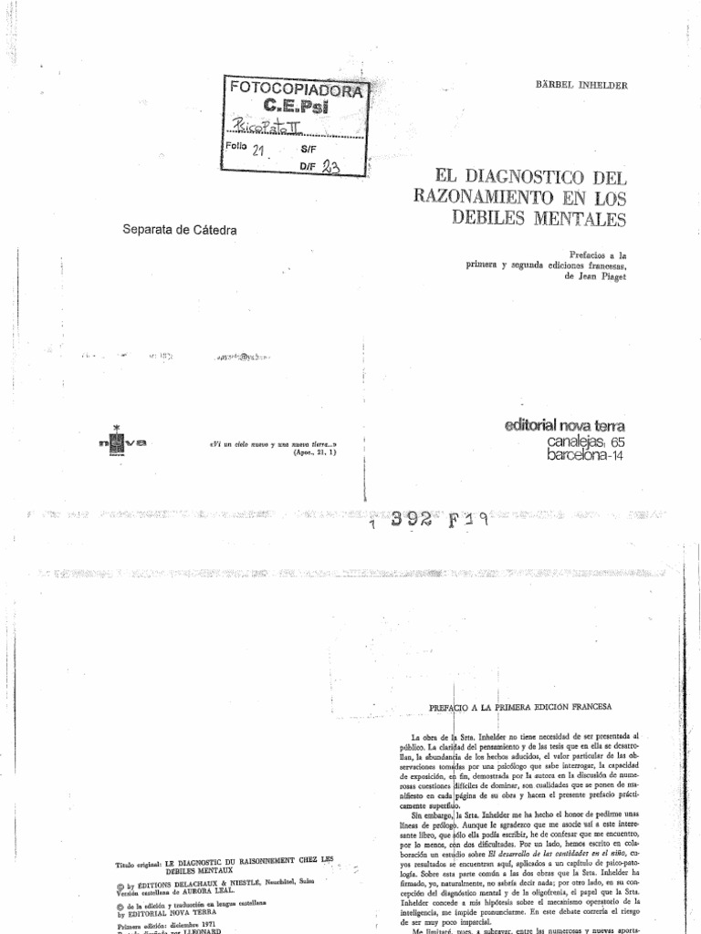 INHELDER (1964) - El Diagnóstico Del Razonamiento en Los Débiles ...