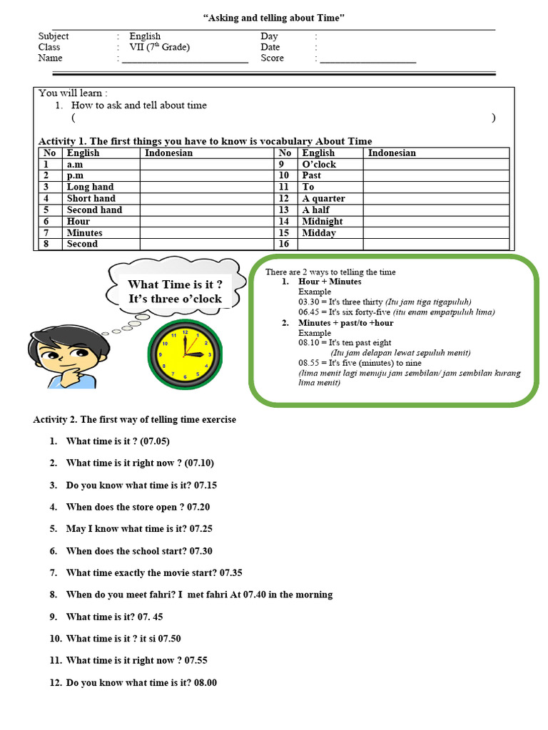 Asking and Telling Time for Kids | PDF | Career & Growth | Foreign ...