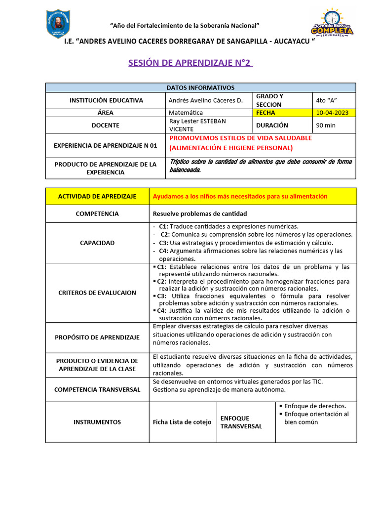 Sesión (4to) 02 Eda 01 Ray Esteban | PDF | Aprendizaje | Número racional