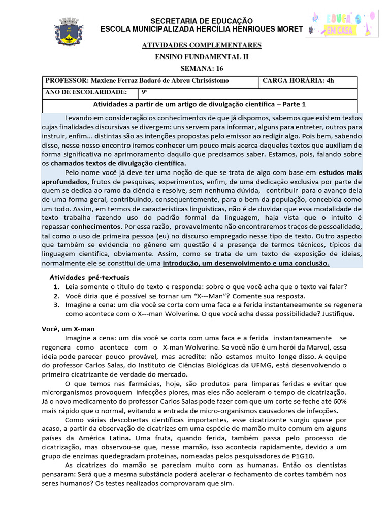 3 Atividade Complementar 9 Ano PDF | PDF | Science | Ciência Popular