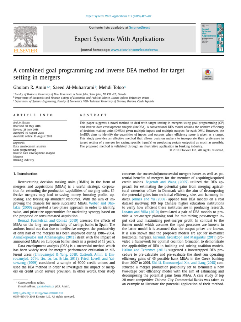 A Combined Goal Programming and Inverse DEA Method For Target Setting in Mergers | PDF | Mergers ...