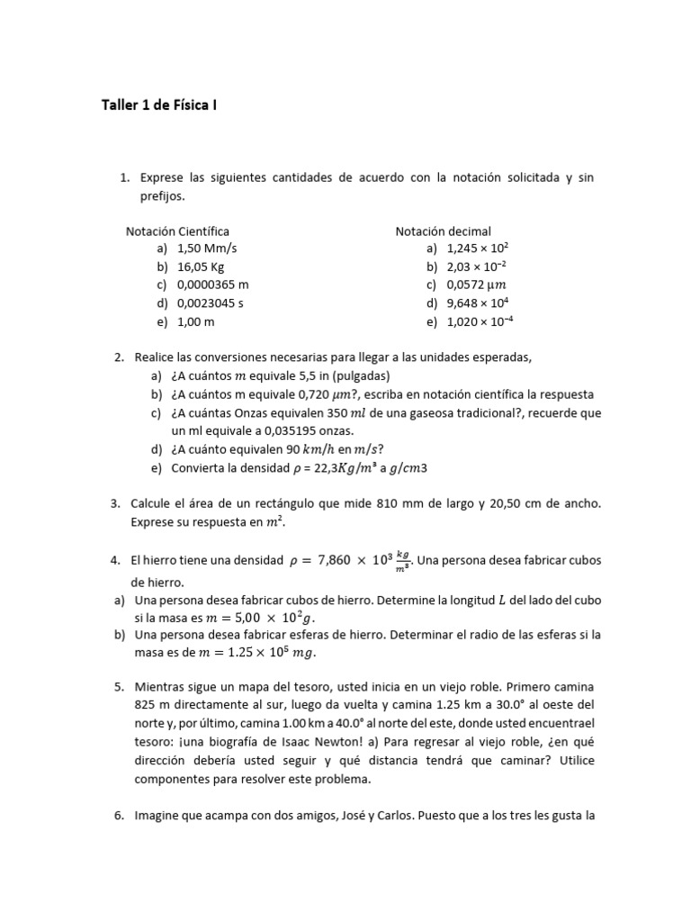 Taller 1 (Conversion de Unidades, Vectores, Movimiento Unidimensional ...