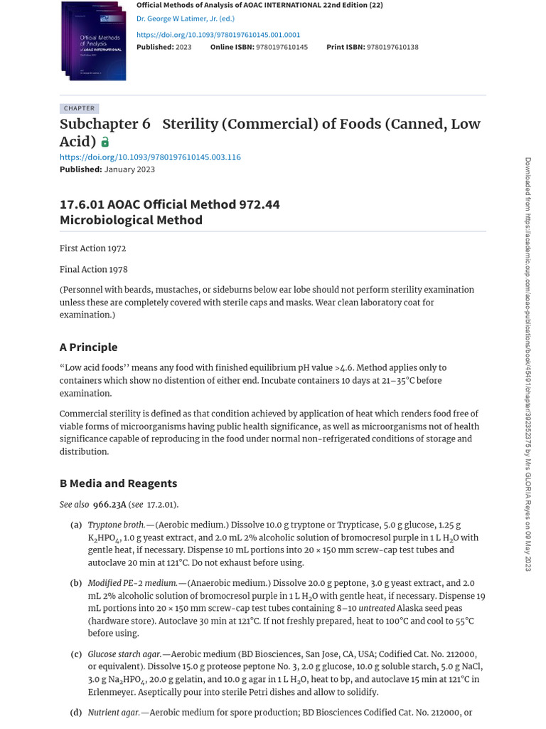 AOAC, 972.44 2023 Sterility (Commercial) of Foods (Canned, Low Acid ...
