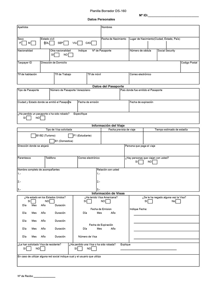 Planilla DS-160 2020 | PDF