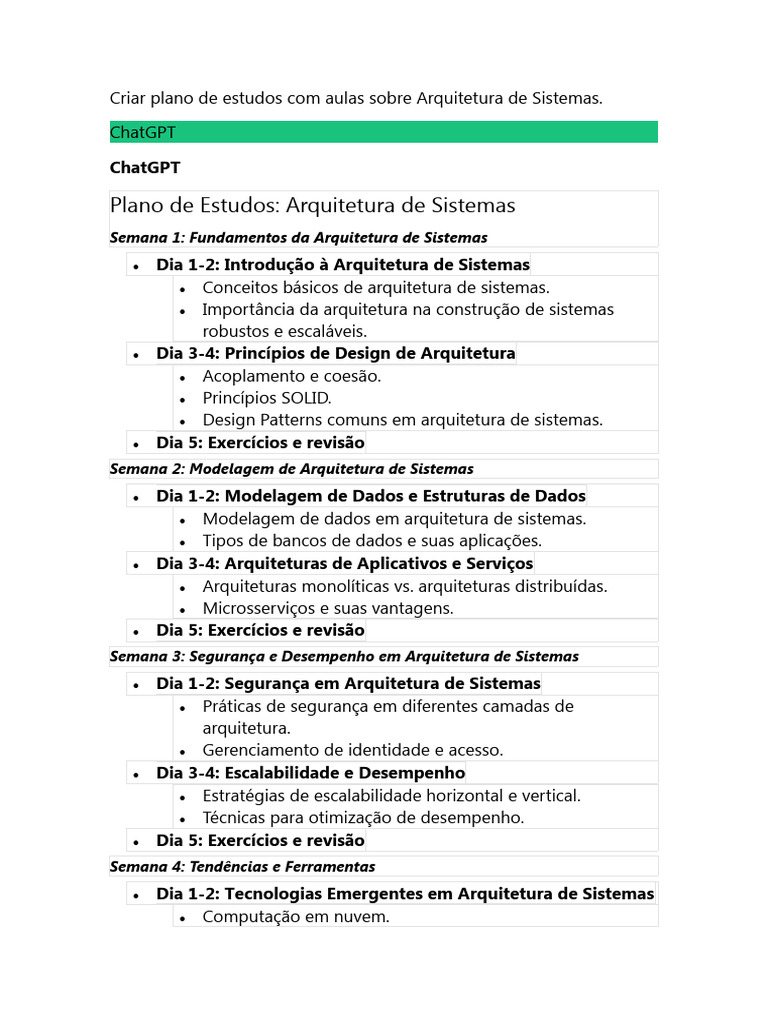 Plano de Estudos Arquitetura de Sistemas | Download grátis PDF ...