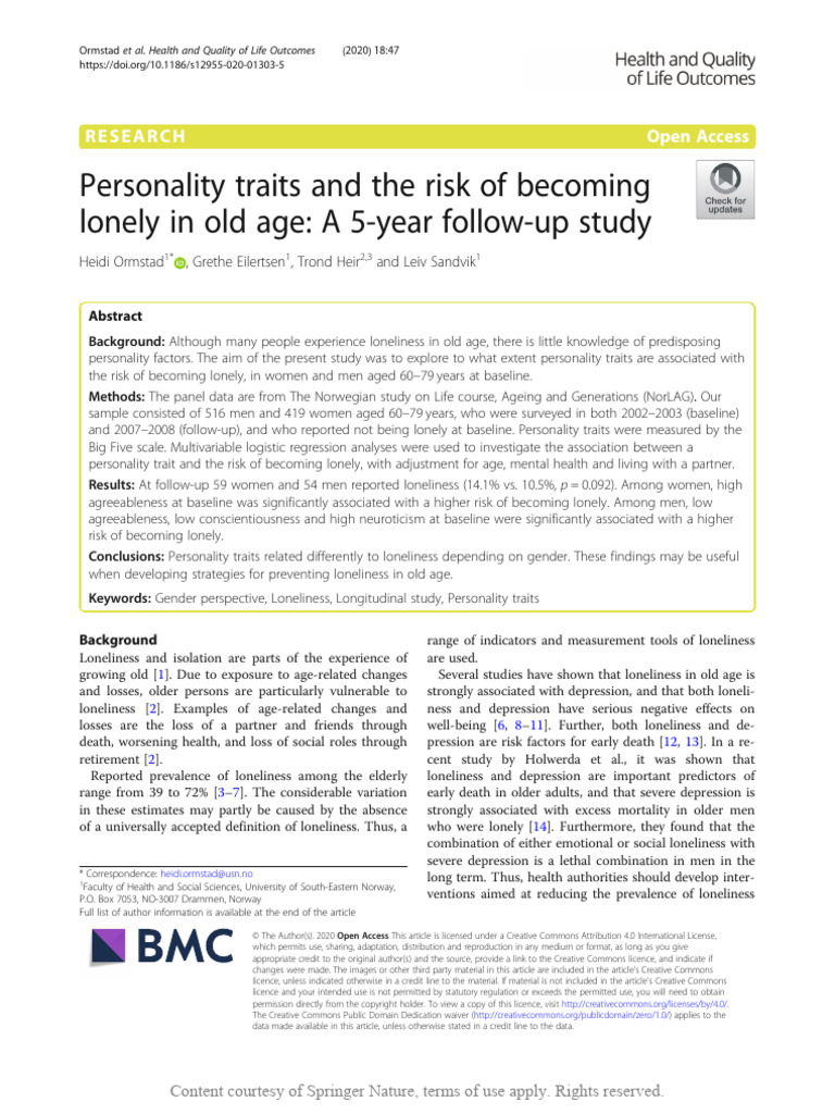 Personality Traits and The Risk of Becoming Lonely | PDF | Loneliness | Extraversion And ...