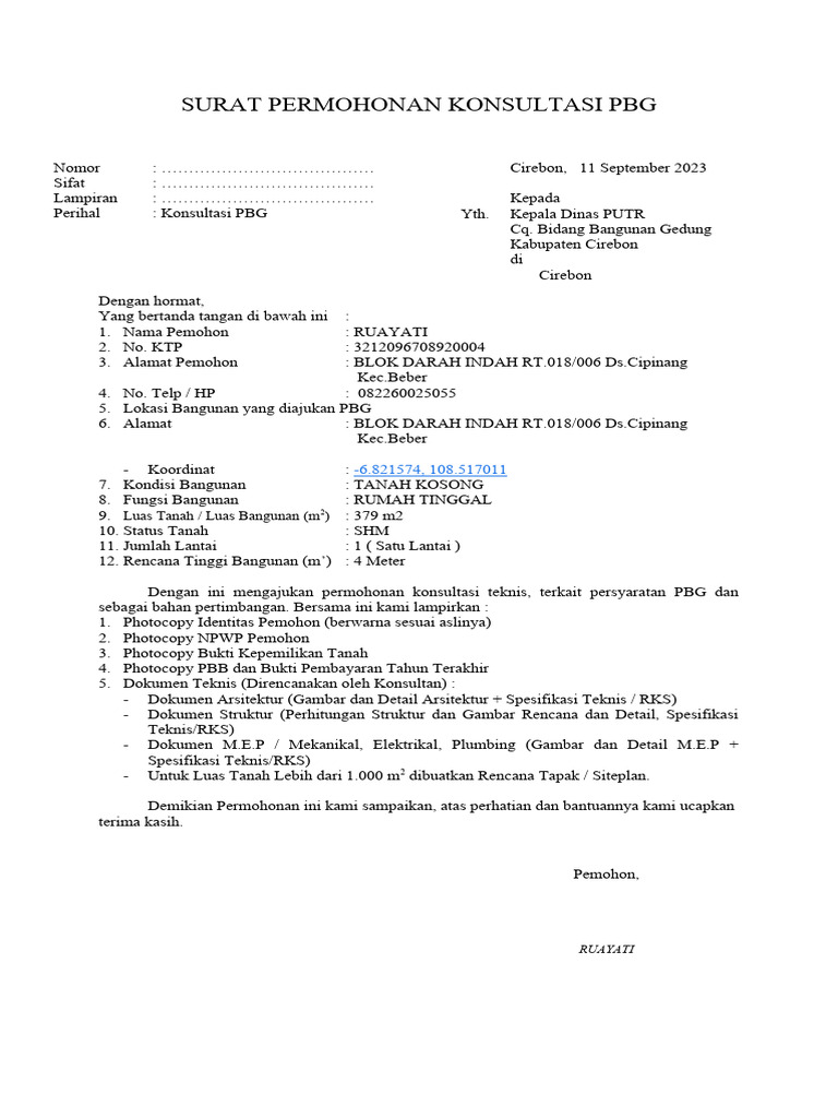 Surat Permohonan Konsultasi PBG 2023 - Fungsi Hunian Ibu Lia | PDF
