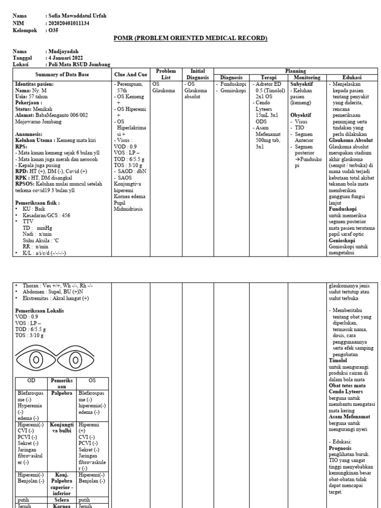 4 POMR Glaukoma Absolut Sofia Mawaddatul Urfah 202020401011134 O35 | PDF