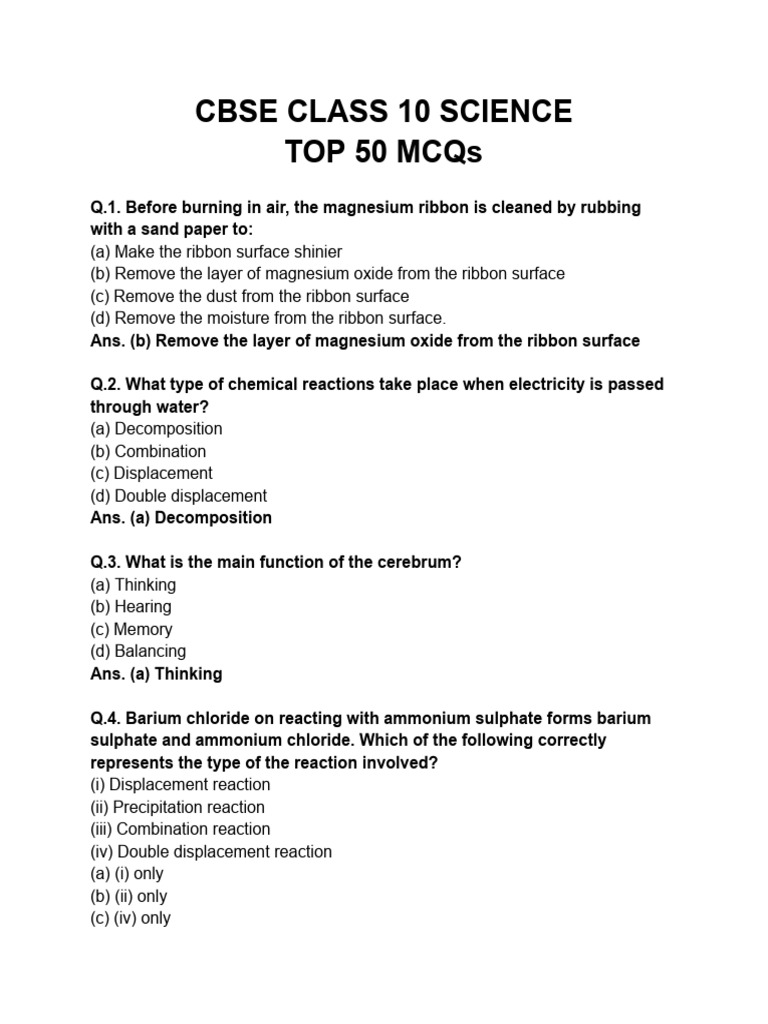 Top 50 Mcqs of Science Cbse Class 10 | PDF | Social Science | Teaching ...